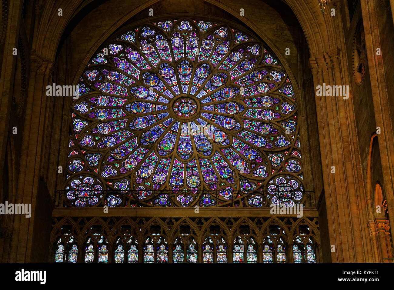 A stained glass rose window in Notre Dame de Paris. Jan. 15,2018 Stock ...