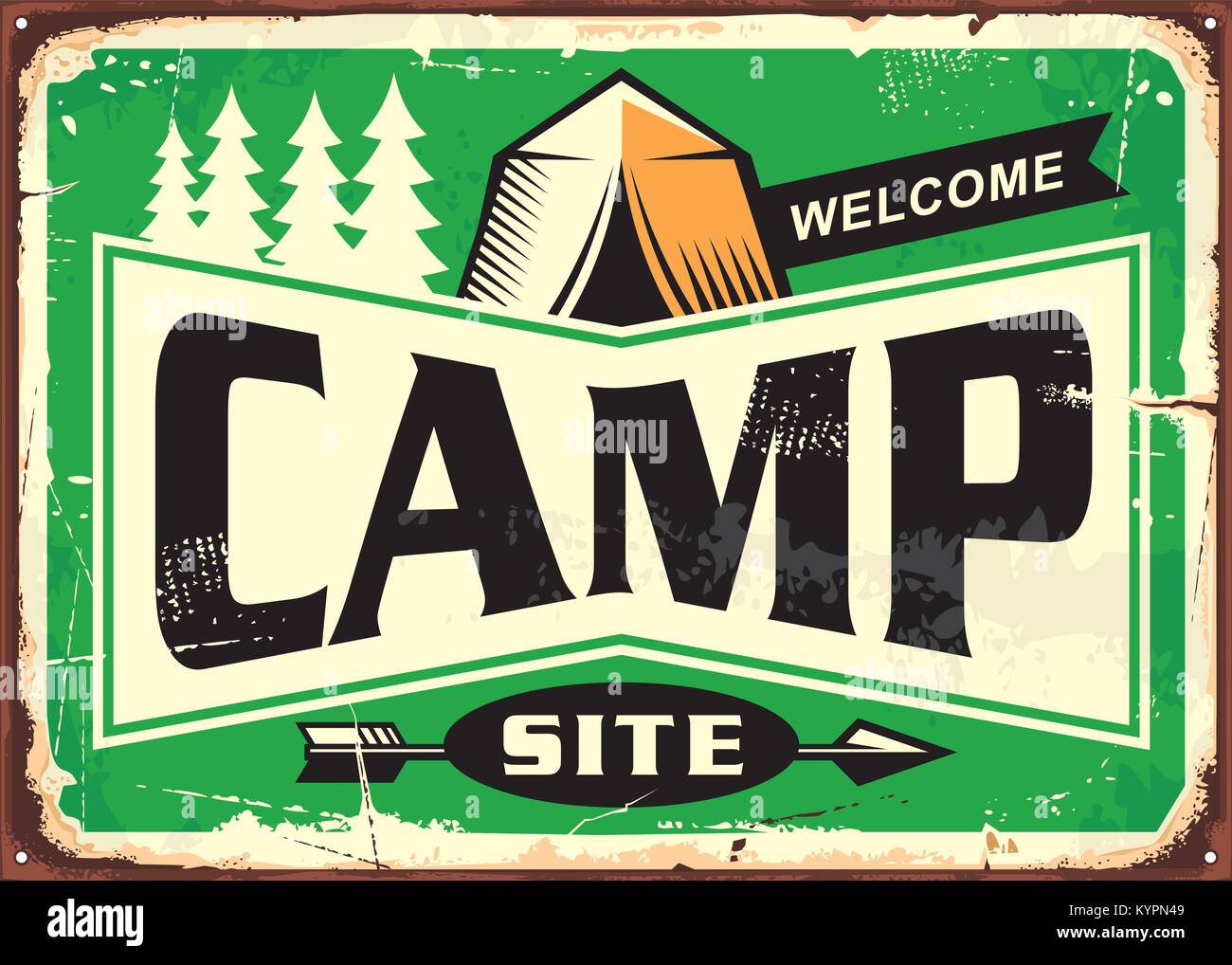 Camp site welcome sign with pine forest and tent graphic on green ...
