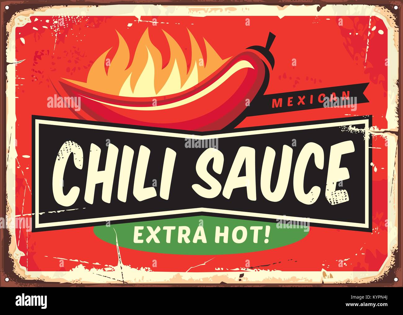 Chili sauce vintage tin sign with chili pepper and hot flame. Delicious ...