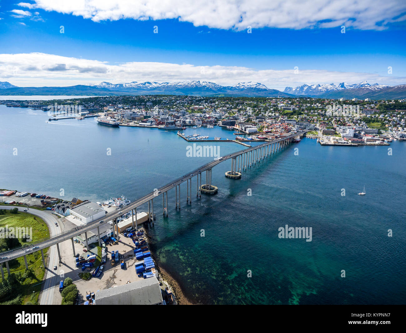 Bridge of city Tromso, Norway aerial photography. Tromso is considered ...