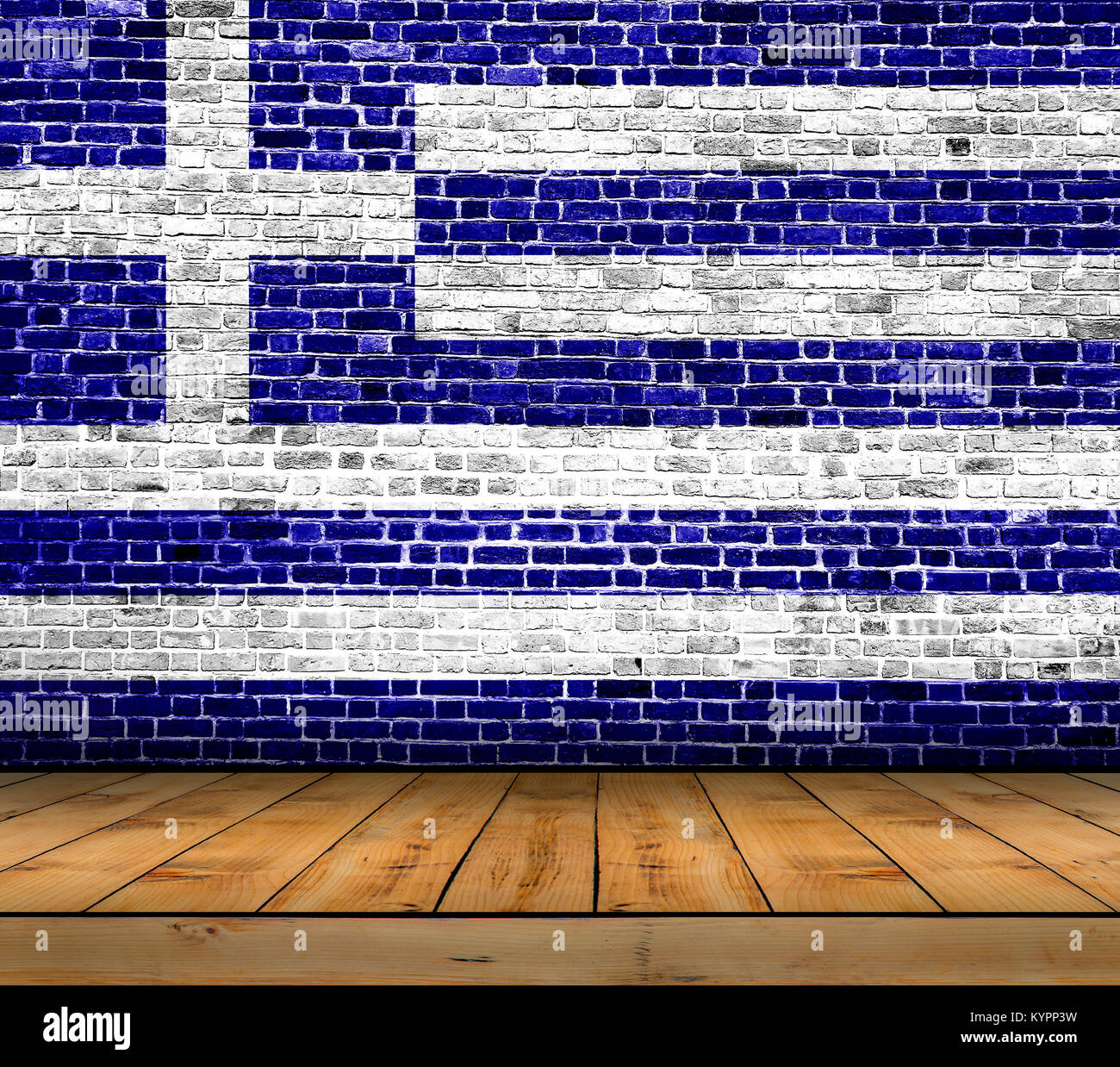 Greece flag painted on brick wall with wooden floor Stock Photo - Alamy