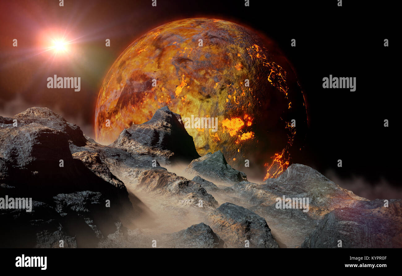 alien lava planet rising over the horizon of its moon Stock Photo - Alamy