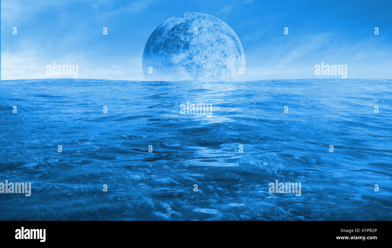 huge alien moon rising over the ocean of a distant planet (3d render ...