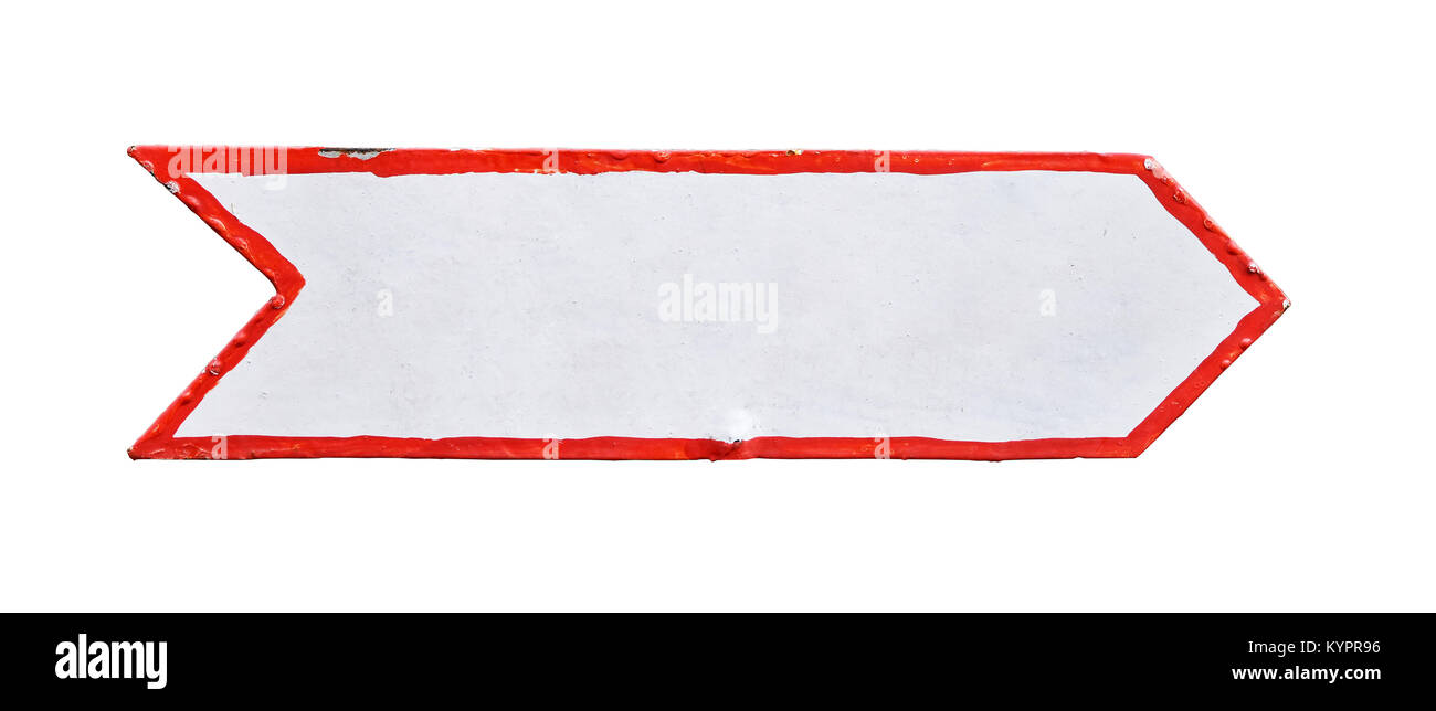 Close up one handmade metal painted empty blank white arrow sign with ...