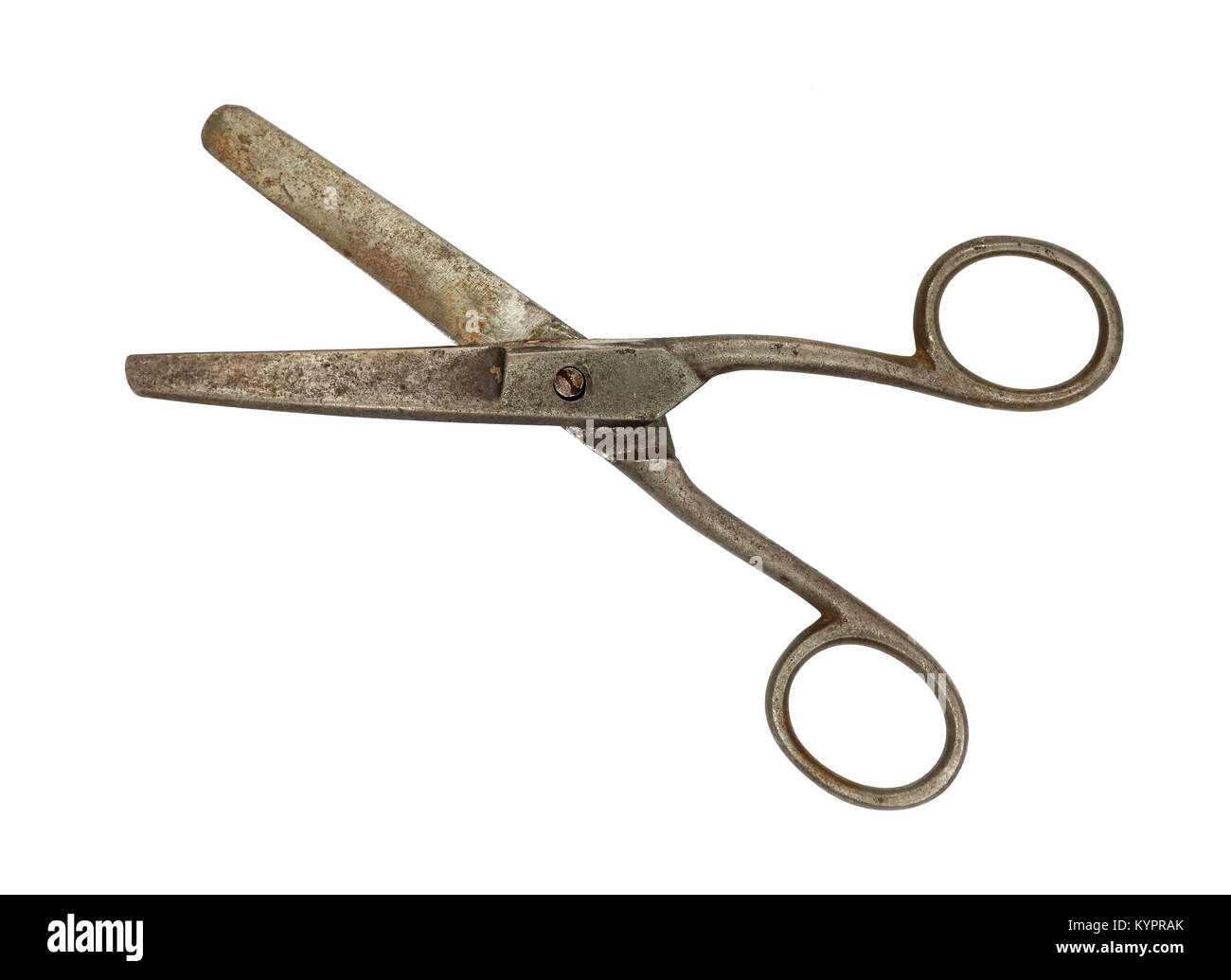 Close up of small old vintage metal open scissors isolated on white ...
