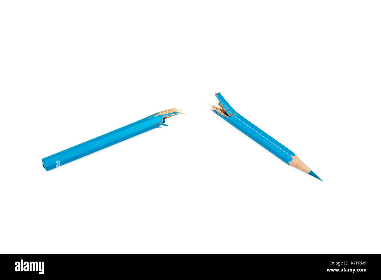 Broken in half blue pencil with protruding pencil lead, isolated on ...