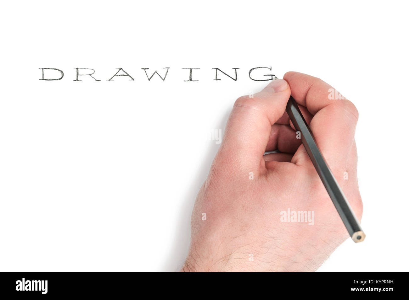 Man hand with a pencil writes the word drawing isolated on white ...