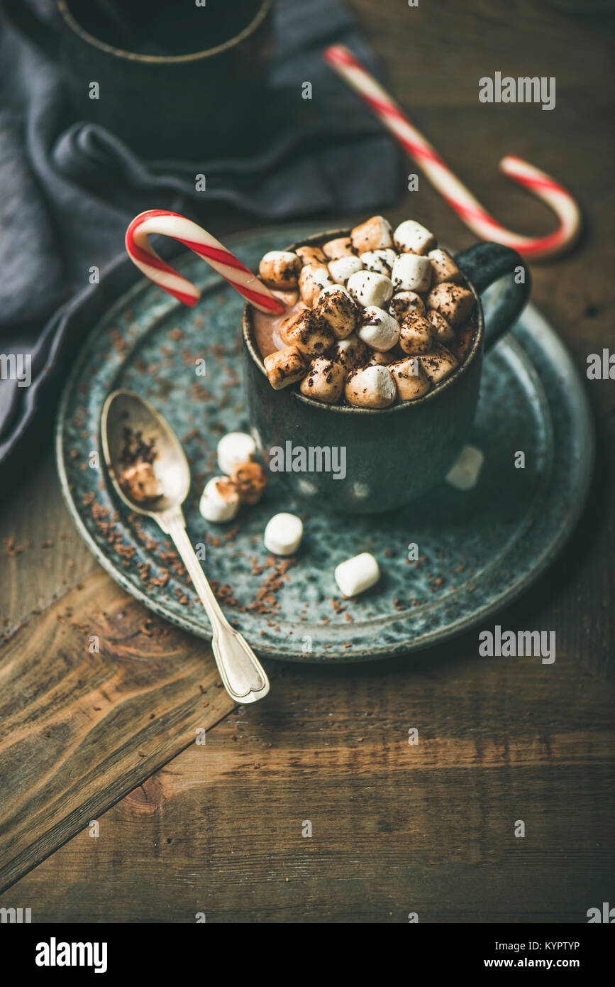 Winter warming sweet drink hot chocolate with marshmallows and cocoa in ...