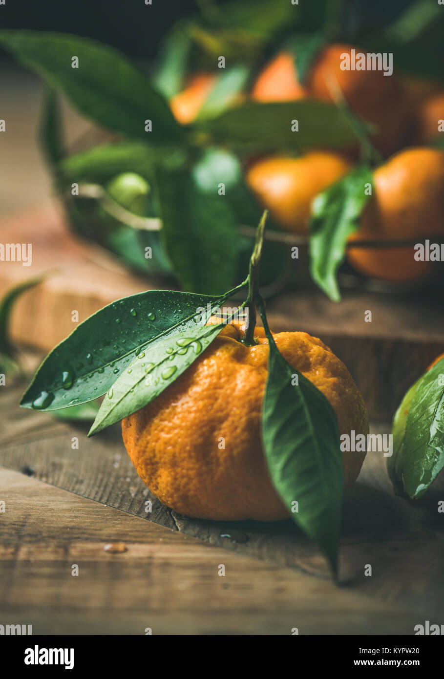 Christmas or New Year table. Fresh ripe tangerine with leaves over ...