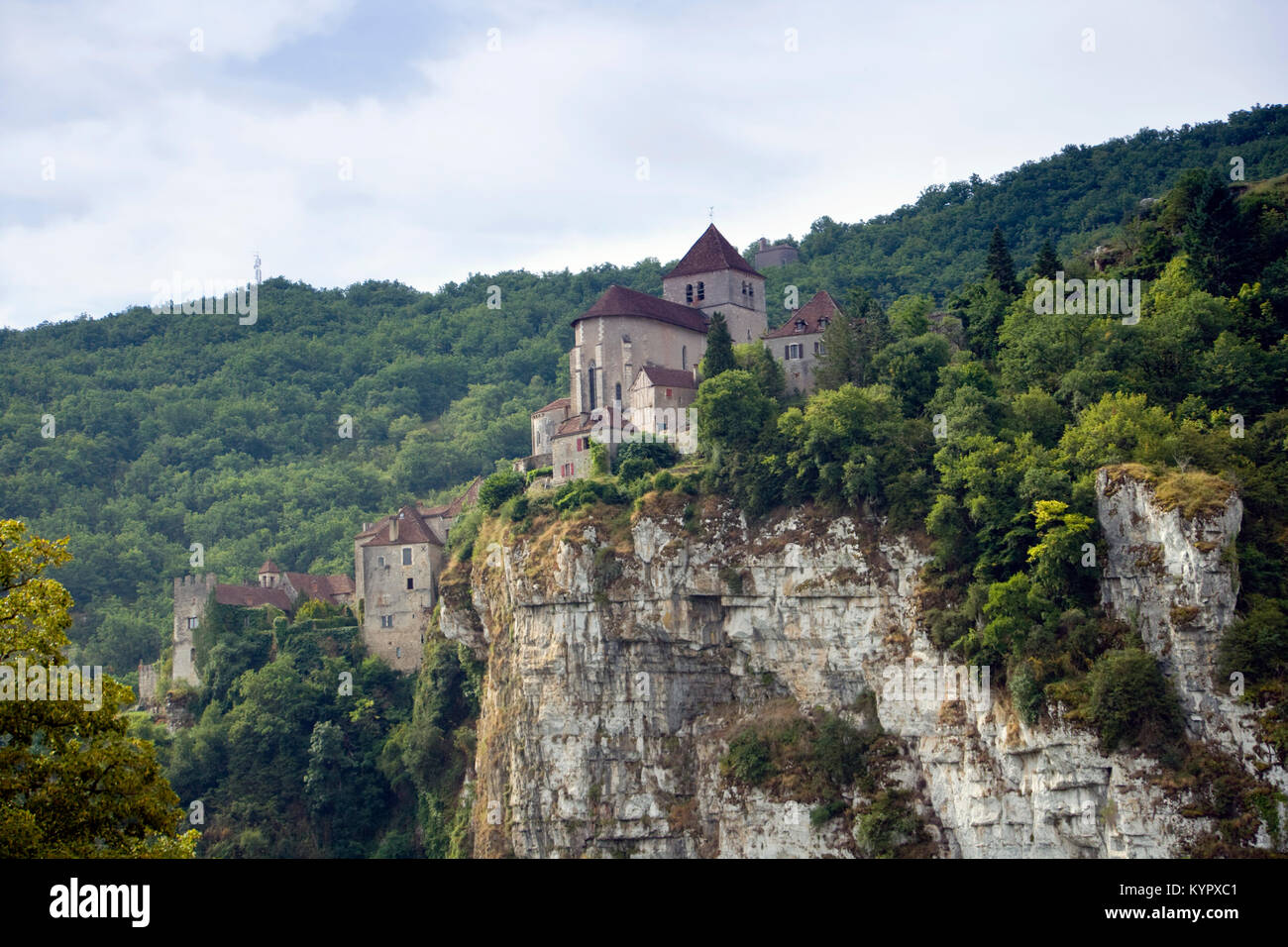 The historic clifftop village tourist attraction of St Cirq Lapopie in the Lot Valley, Lot ...