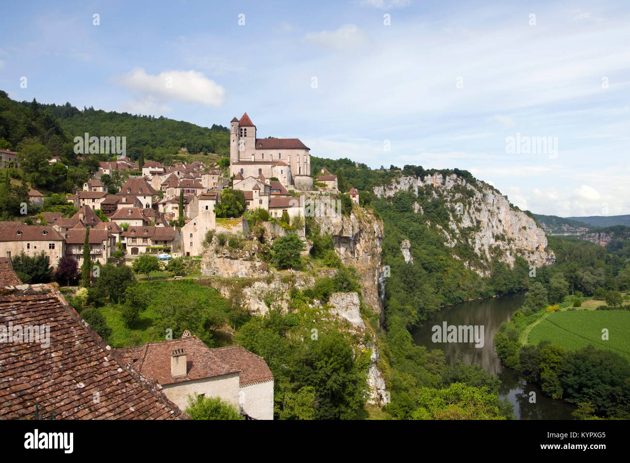 The historic clifftop village tourist attraction of St Cirq Lapopie in The Lot, Midi Pyrenees ...