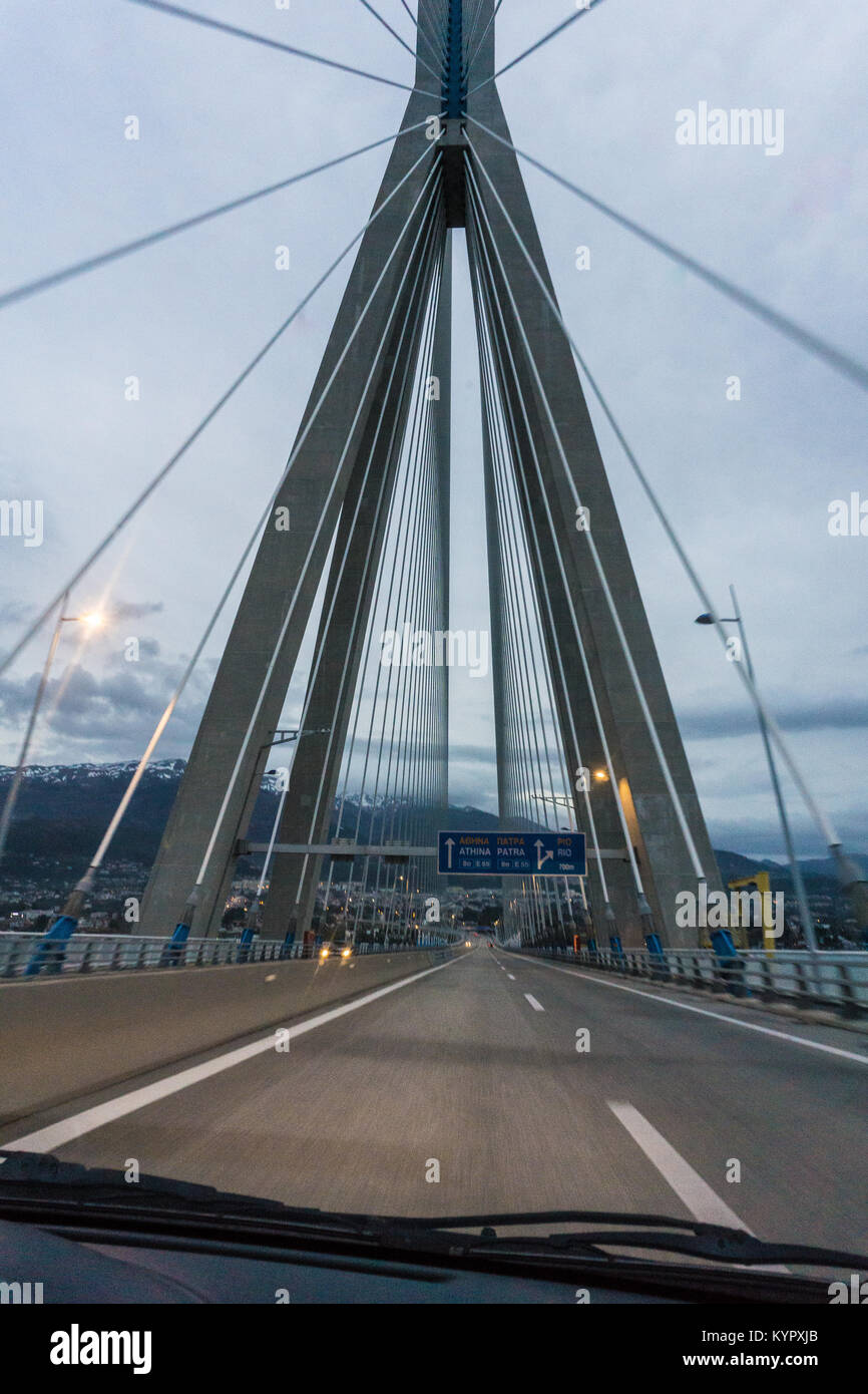 Driving through the Rio- Antirio cable stayed bridge in Achaia of ...