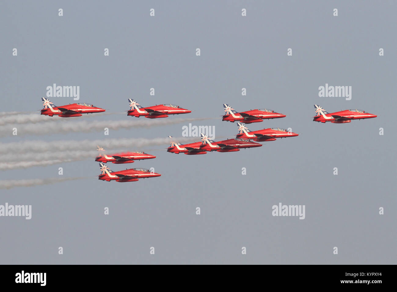 The Red Arrows arriving overhead RAF Coningsby for a practise display ...