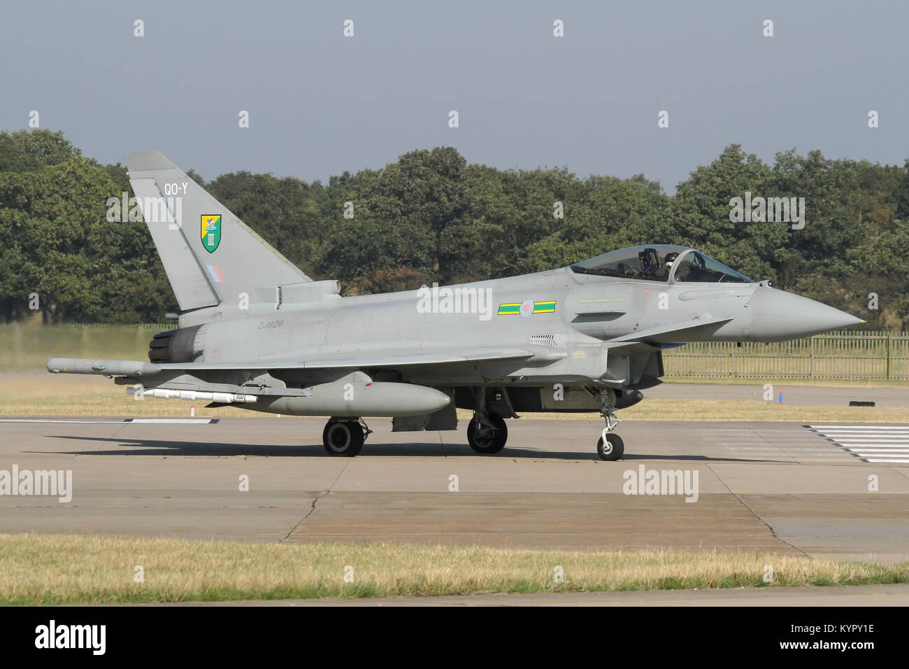 RAF Typhoon from 3 Squadron taxiing in to the shelters after landing ...