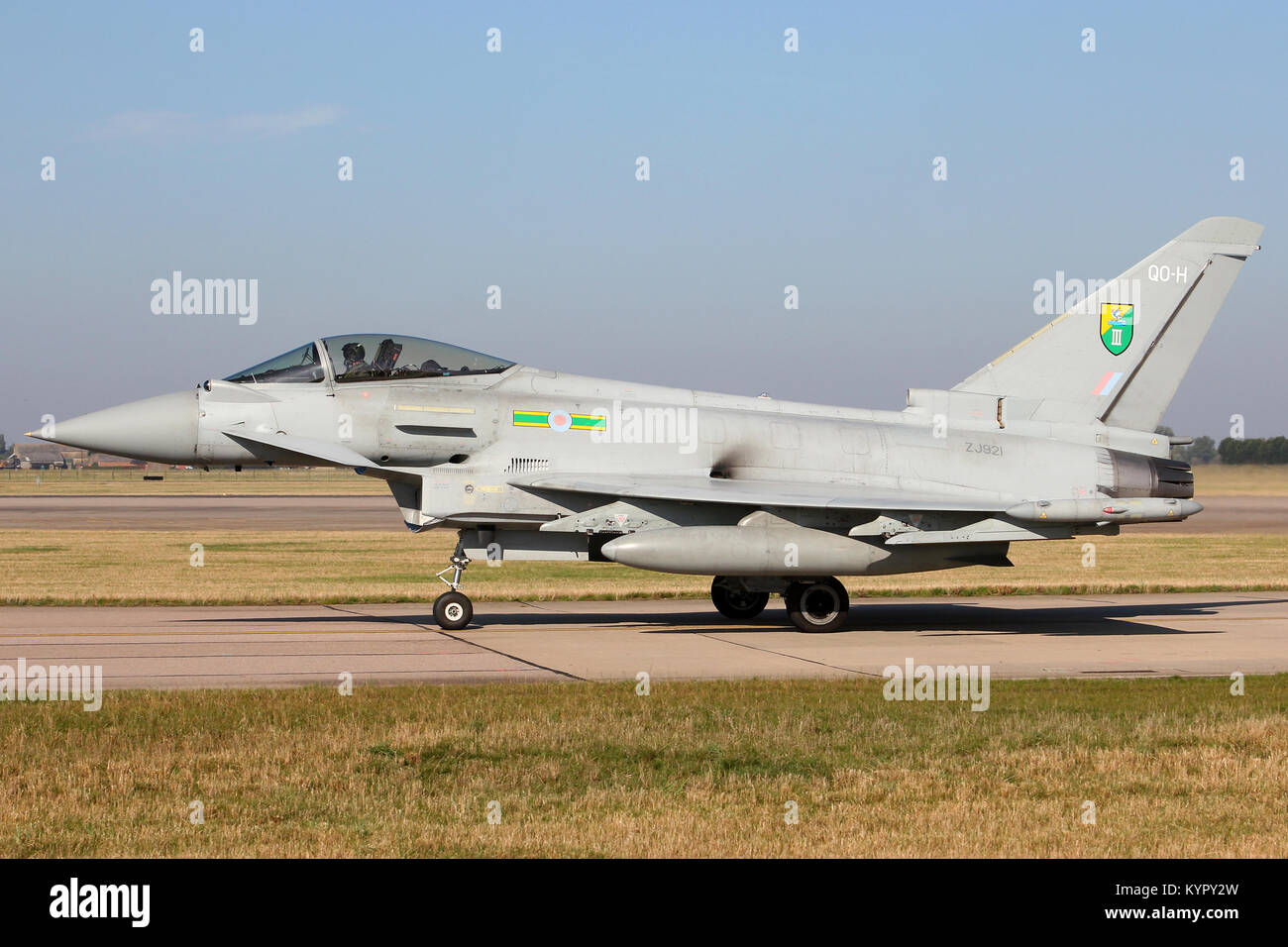 RAF Typhoon from 3 Squadron taxiing in to the shelters after landing ...