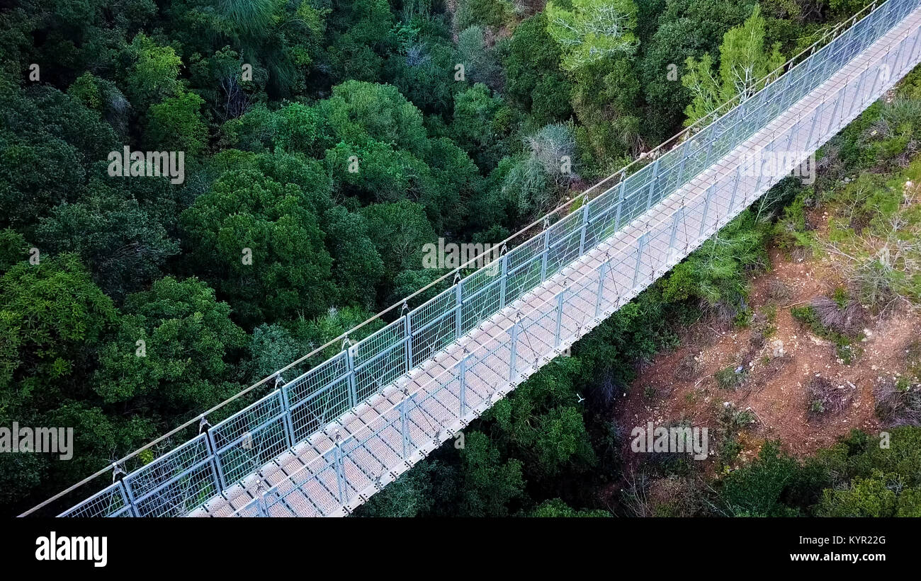 Suspension bridge surrounded by lush green forest - Top down aerial ...