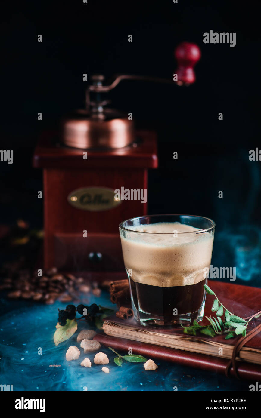 Espresso shot with foam and steam. Hot drink photography concept ...