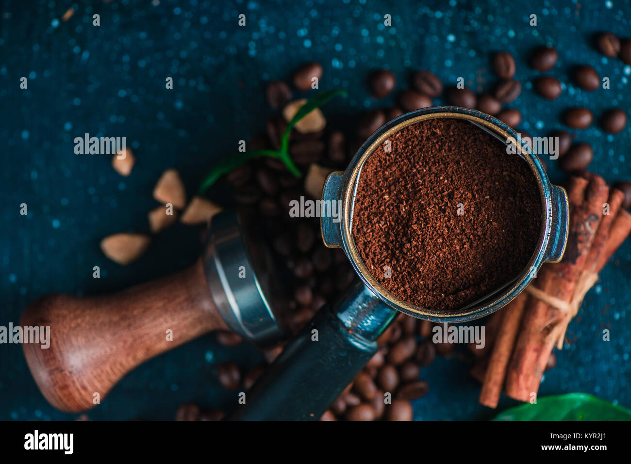 Coffee making equipment with copy space. Portafilter with ground coffee ...