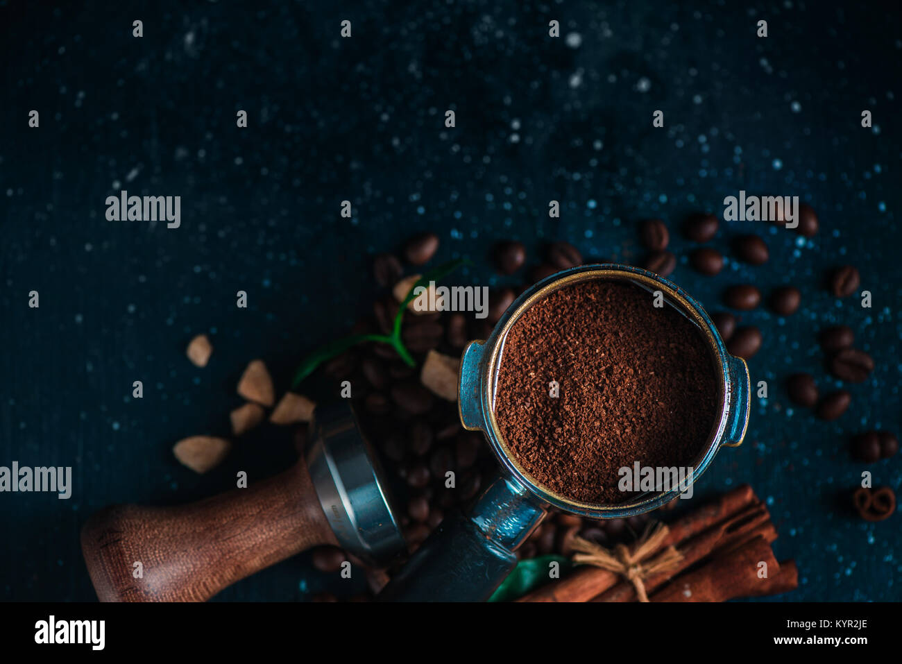 Coffee making equipment with copy space. Portafilter with ground coffee ...