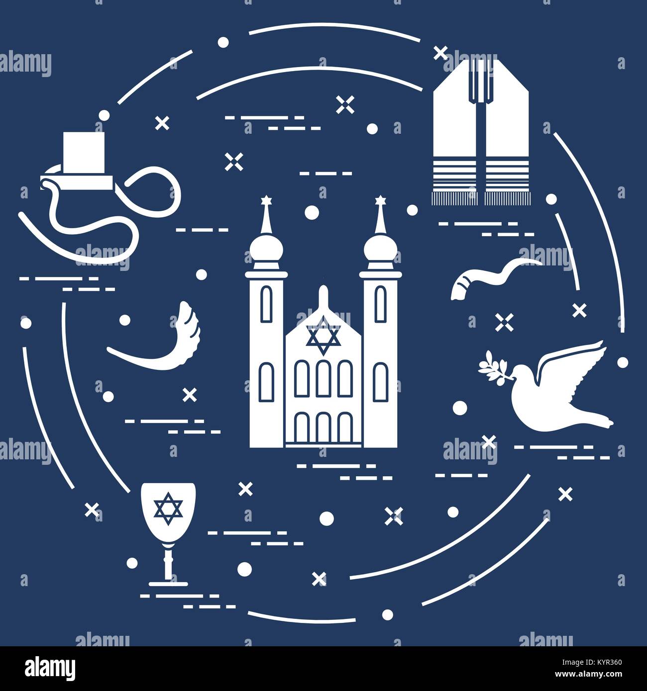 Jewish symbols: tfillin, synagogue, sheep's horn, dove, david's star ...