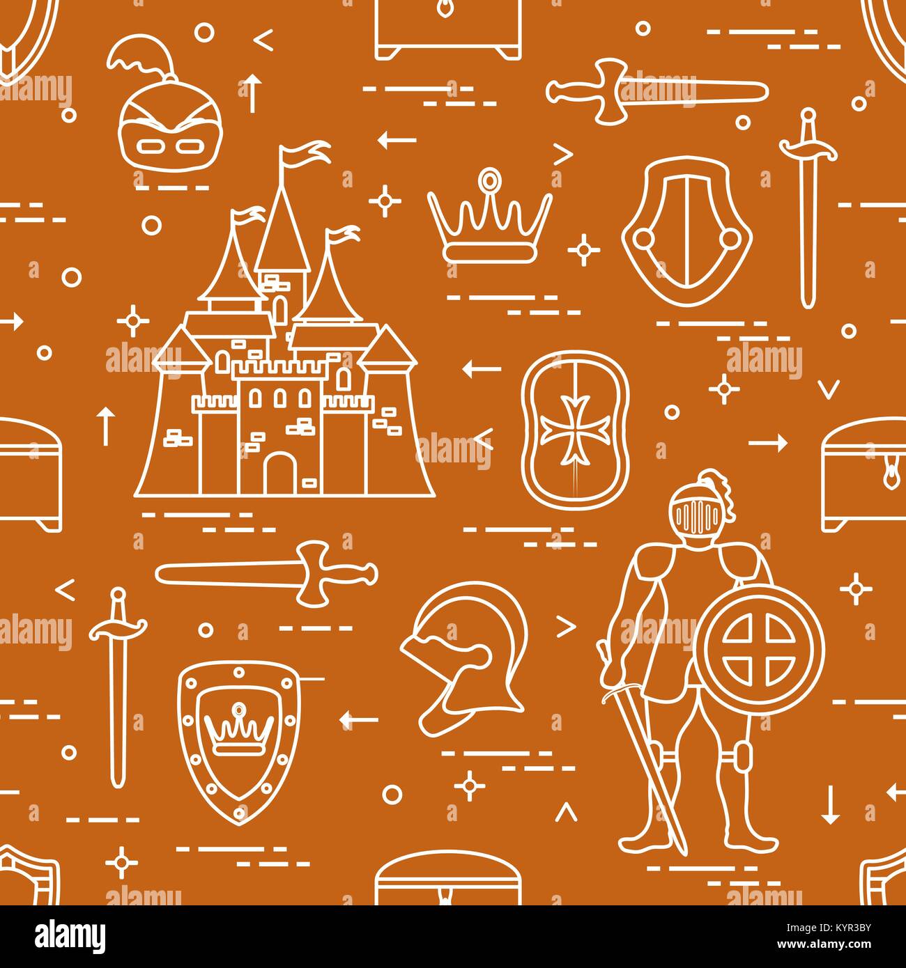 Seamless pattern with knight, castle, shields, swords, cuirass, helmet ...