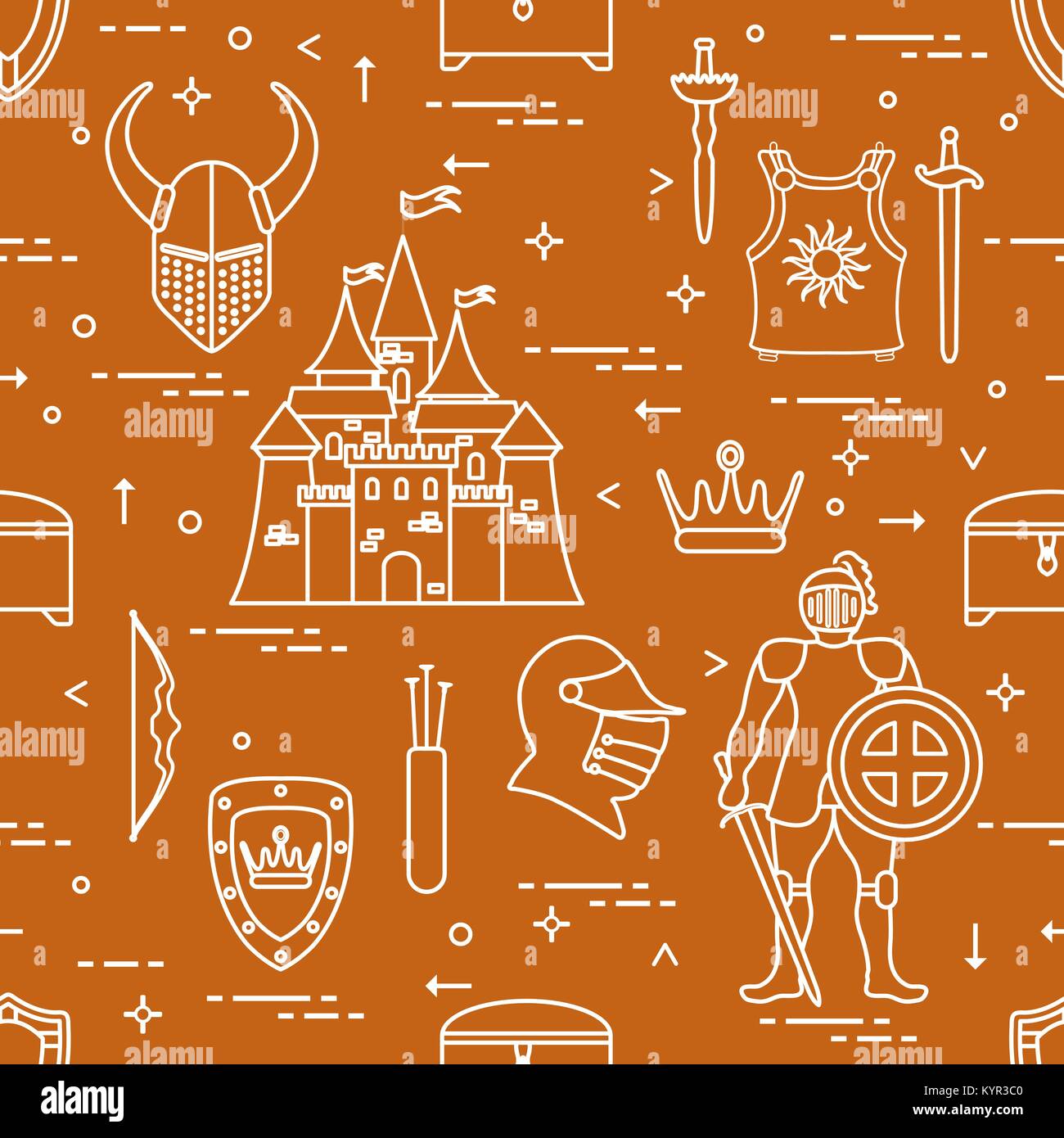 Seamless pattern with knight, castle, shields, swords, cuirass, helmet ...