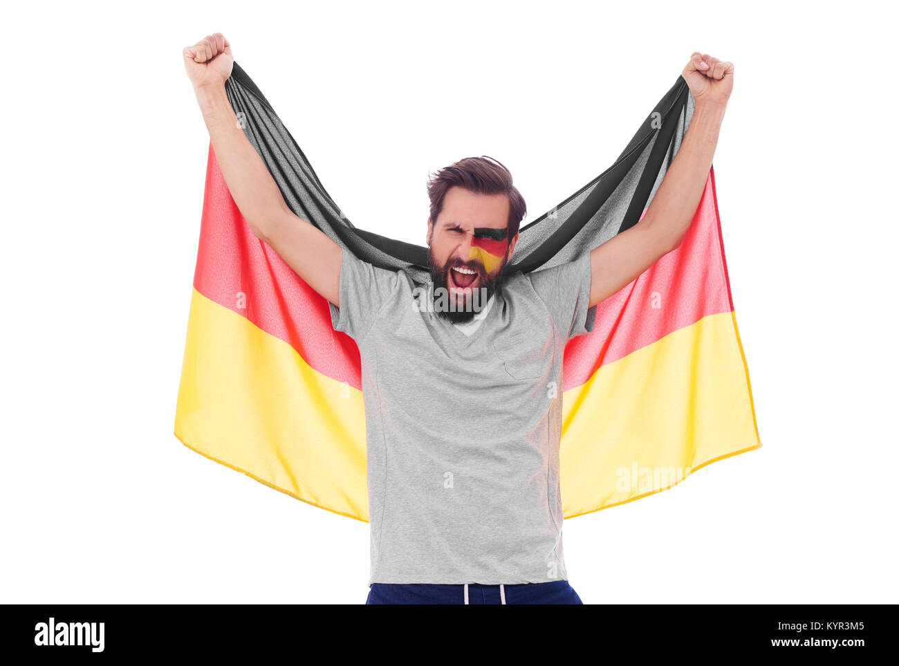 Screaming man waving a national flag and cheering Stock Photo - Alamy