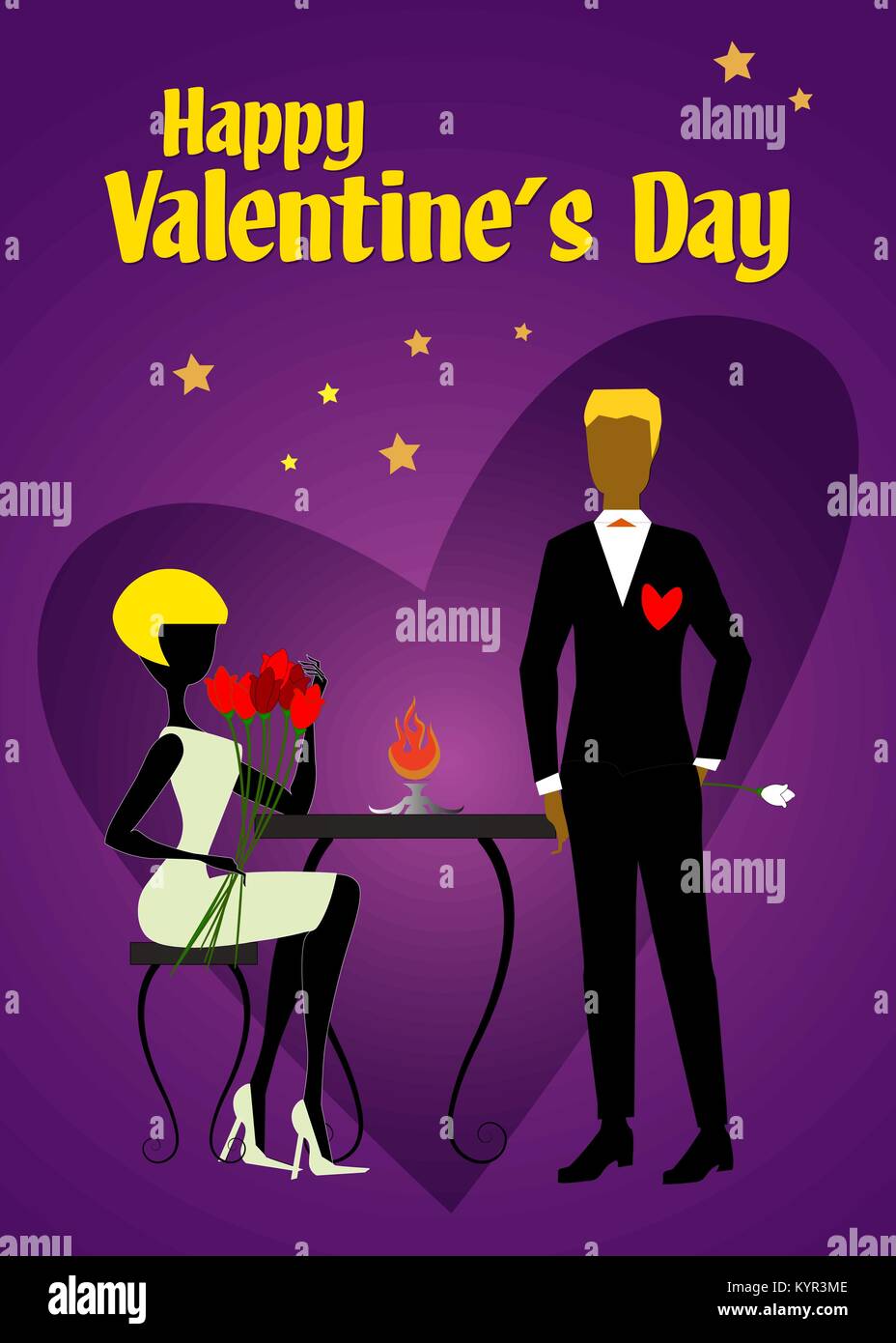 Two elegant lovers, a woman and a man, with flowers and heart, are ...