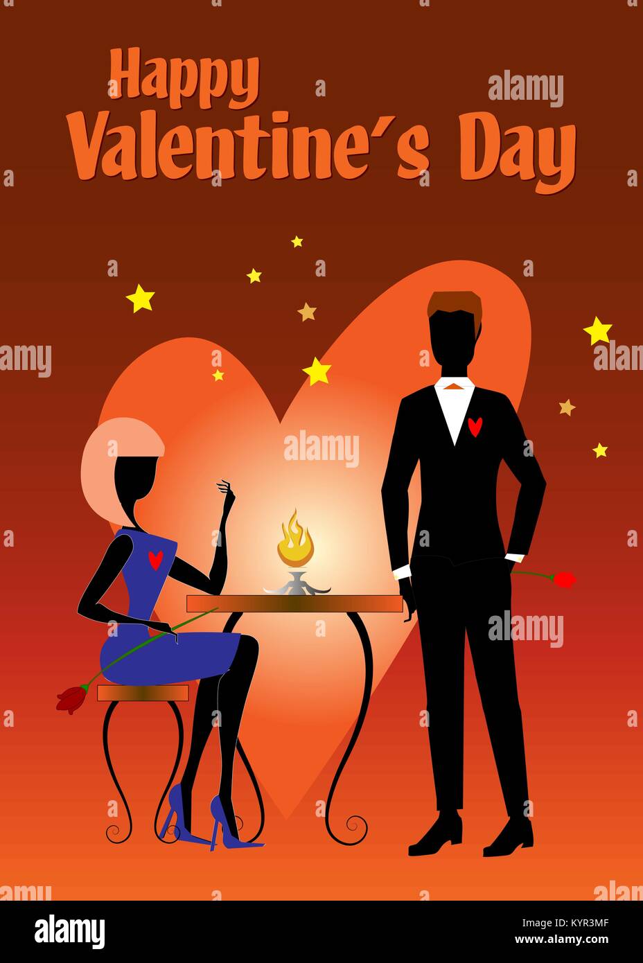 Two elegant lovers, a woman and a man, with flowers and heart, are ...