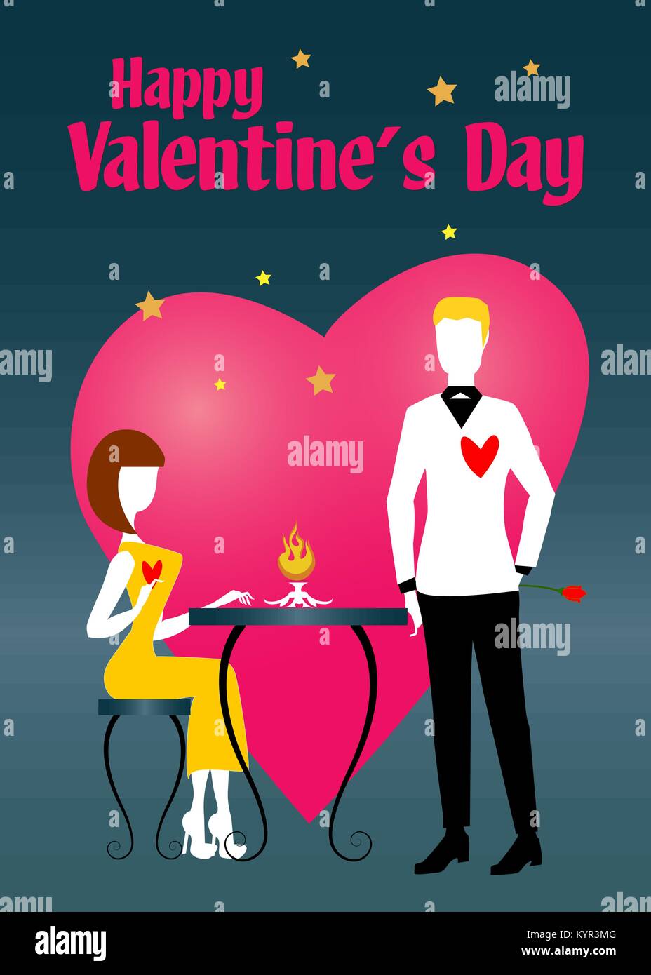 Two elegant lovers, a woman and a man, with flowers and heart, are ...