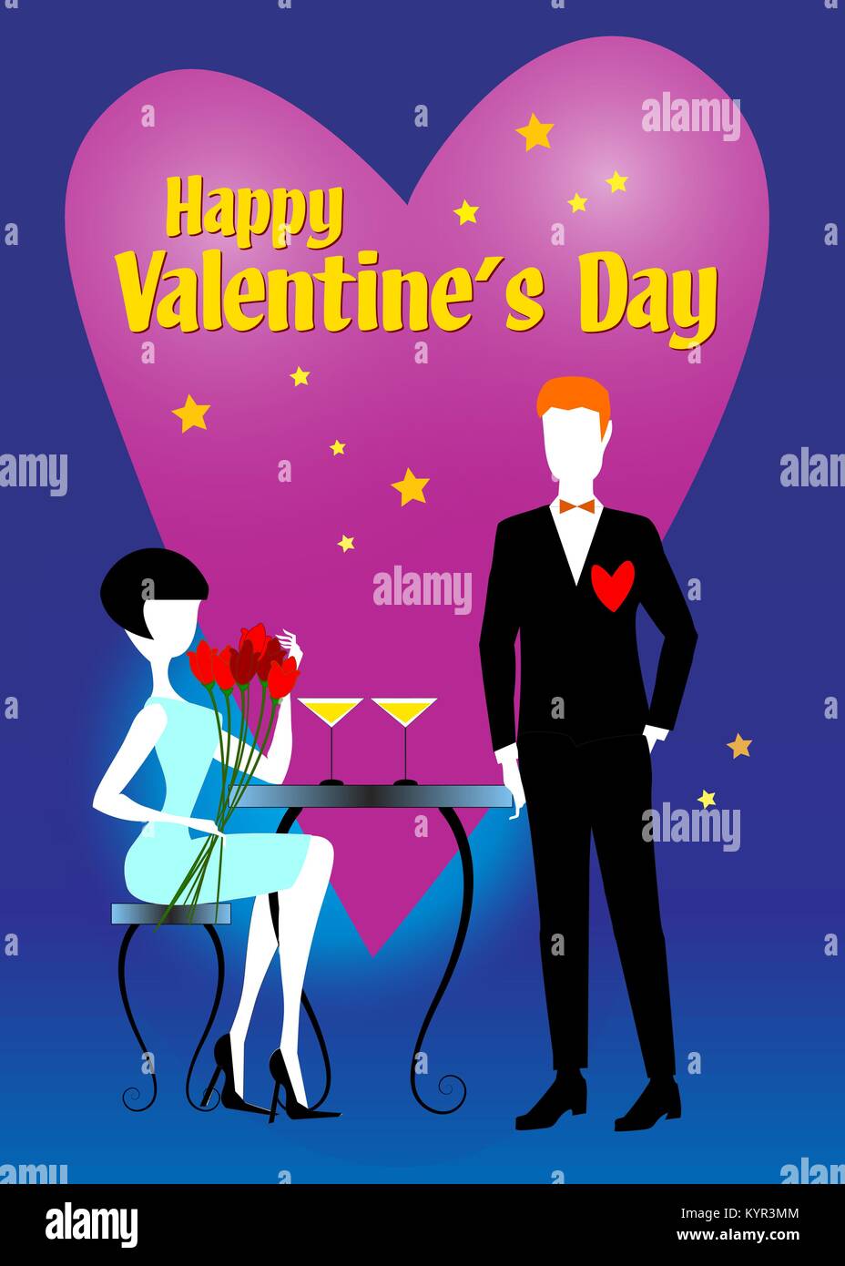 Two elegant lovers, a woman and a man, with flowers and heart, are ...