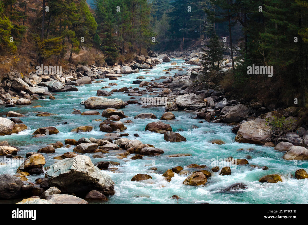 Parvati river viewed from Chalal, a small village in Himachal Pradesh ...