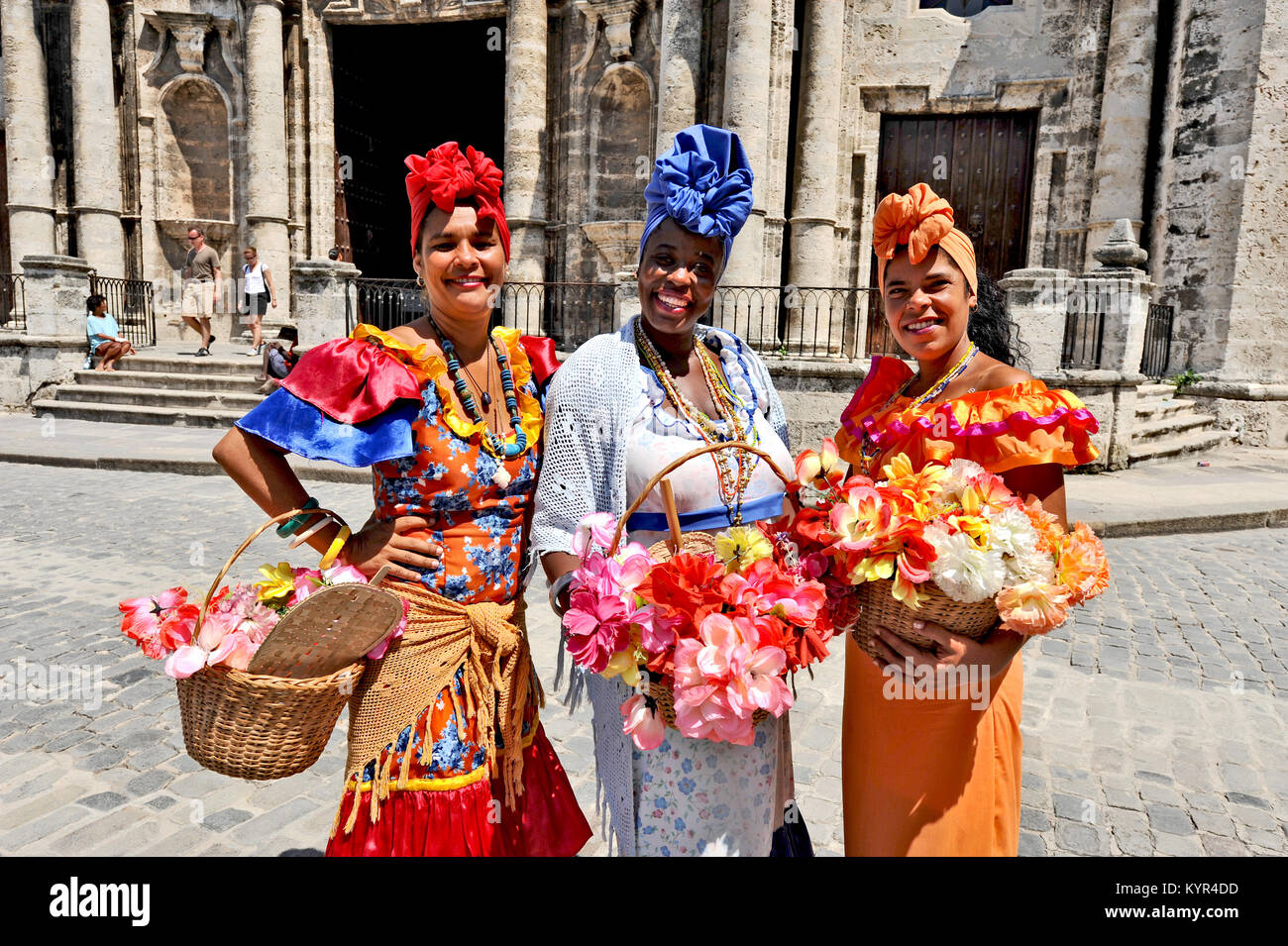 HAVANA, CUBA, MAY 6, 2009. Three Cuban women posing in traditional ...