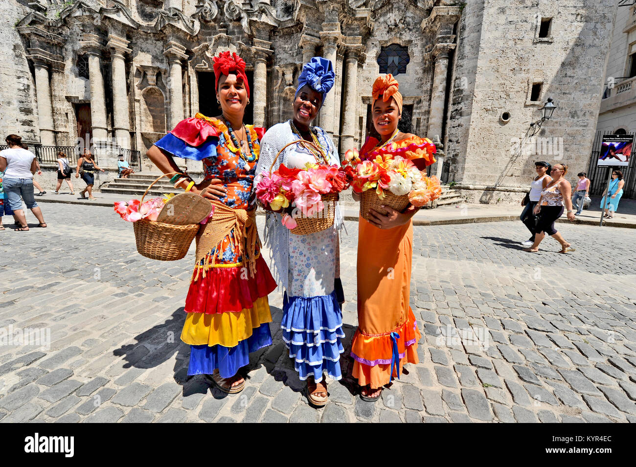 HAVANA, CUBA, MAY 6, 2009. Three Cuban women posing in traditional ...