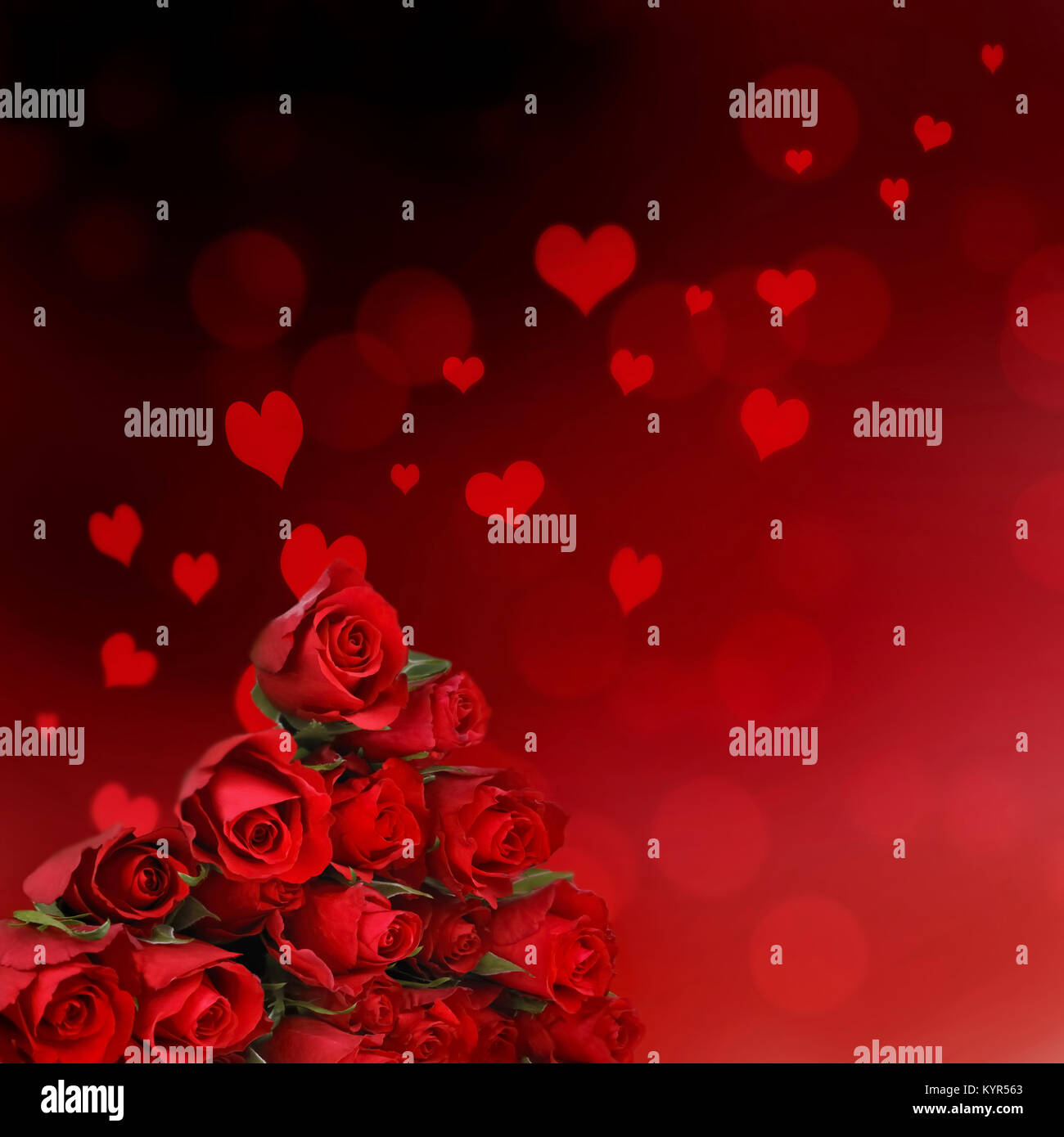 bouquet of red roses in red abstract hearts background Stock Photo - Alamy