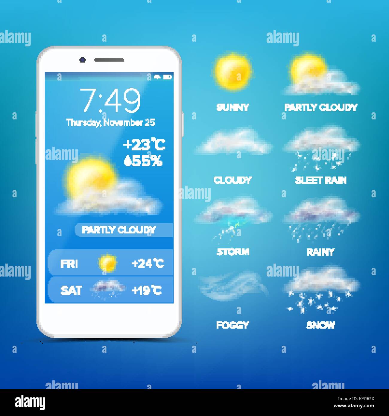 Weather Forecast App Vector Realistic Smartphone Screen Weather App With Icons Design Element