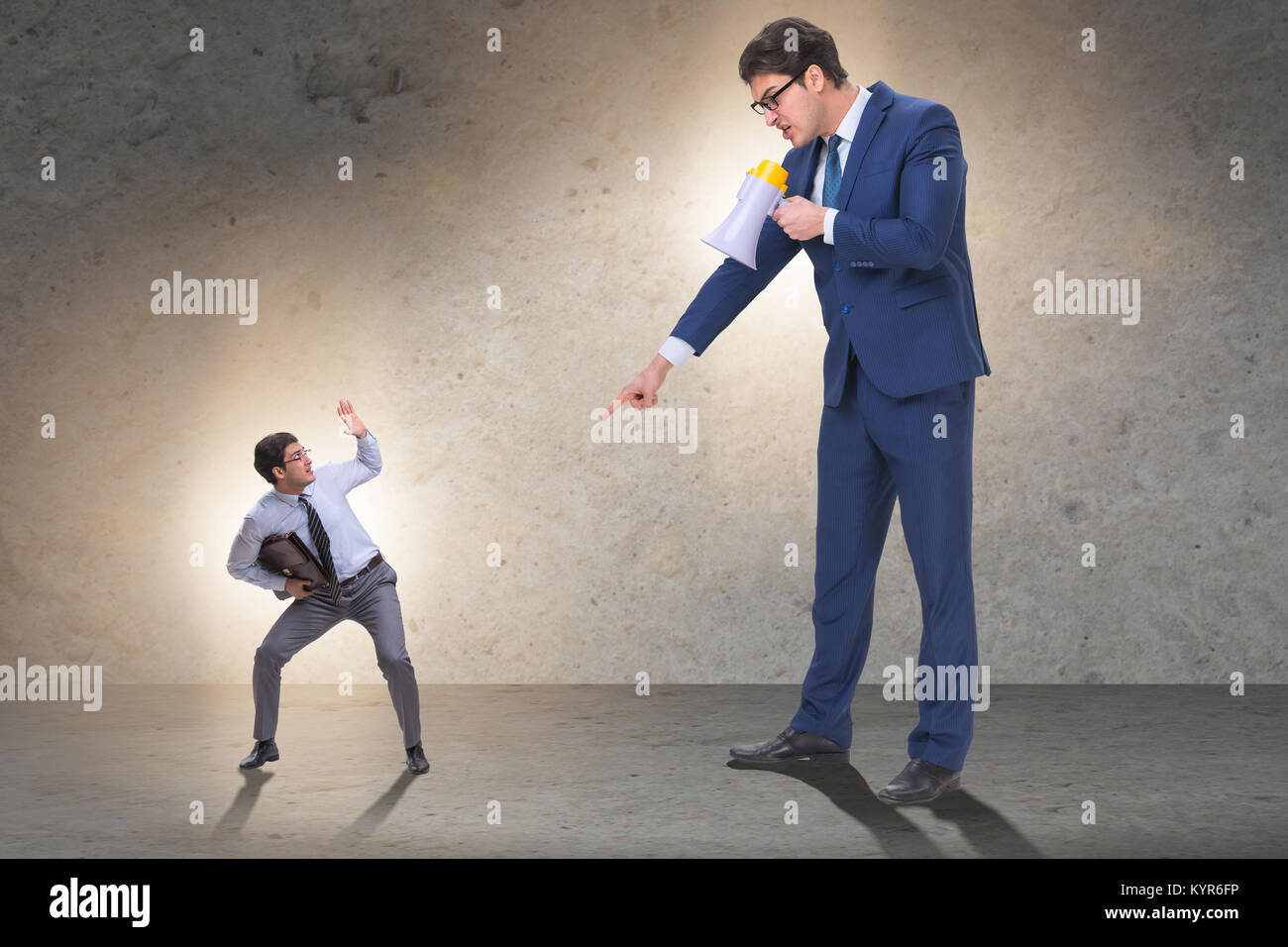 Bad angry boss shouting at employee with loudspeaker Stock Photo - Alamy