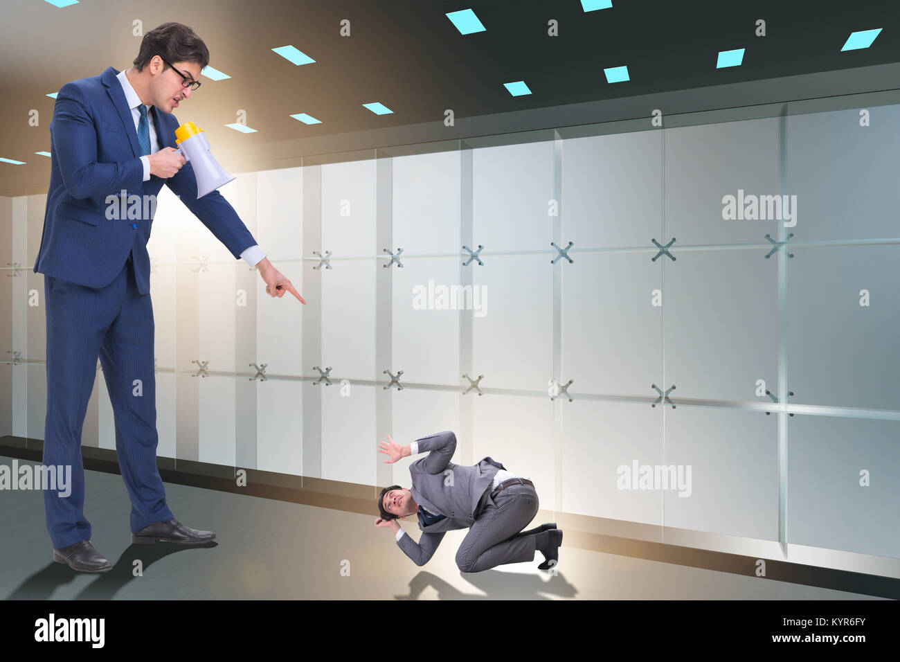 Bad angry boss shouting at employee with loudspeaker Stock Photo - Alamy