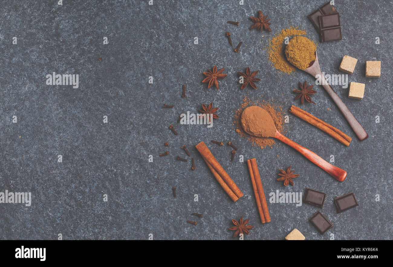 Selection of sugar, chocolate, spices, cocoa. Ingredients for cooking ...