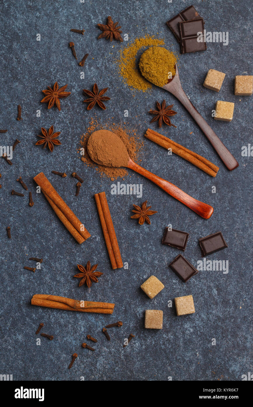 Selection of sugar, chocolate, spices, cocoa. Ingredients for cooking ...