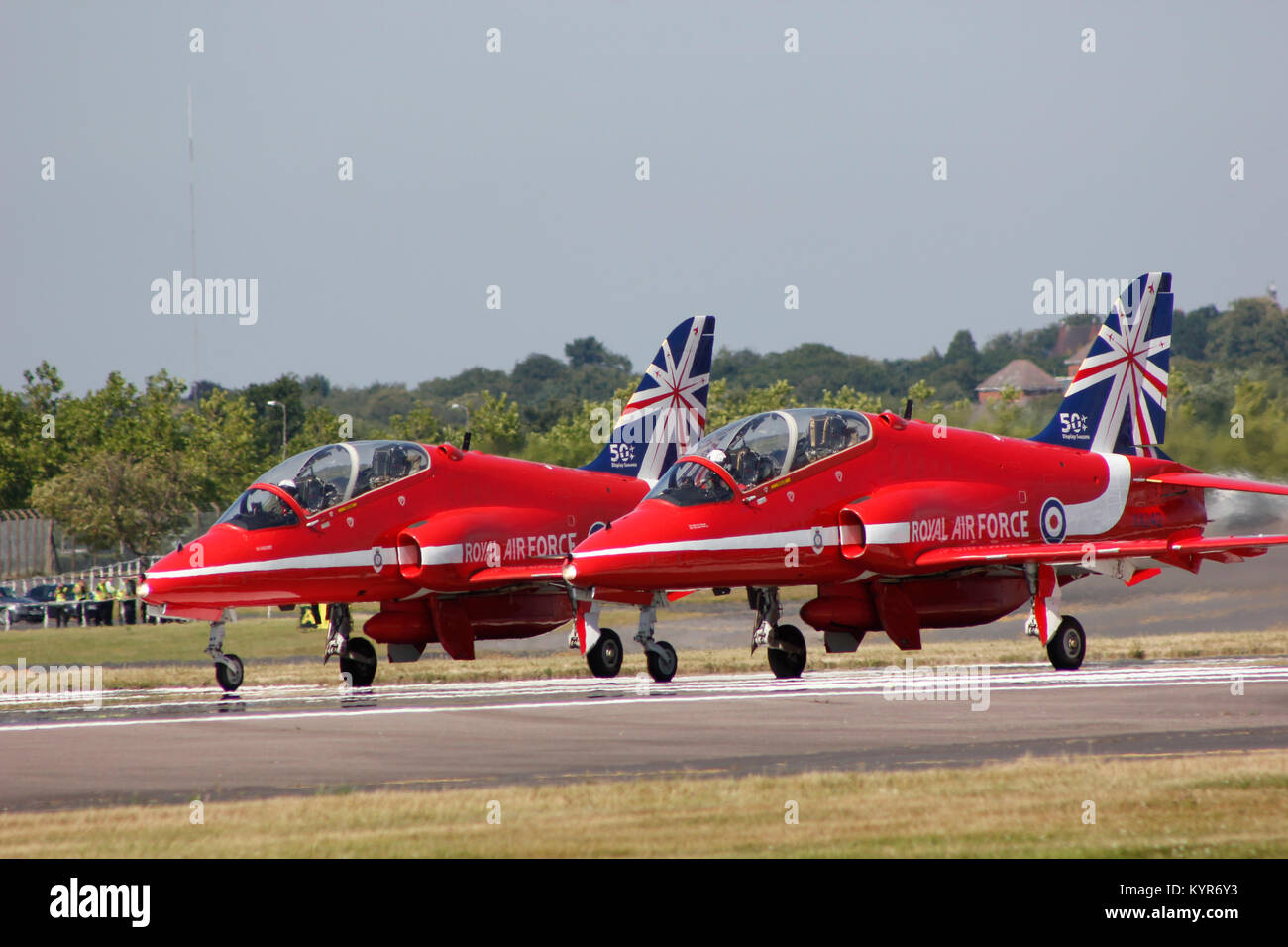 Red Arrows preparing for take off at Farnborough Airshow 2014 Stock ...
