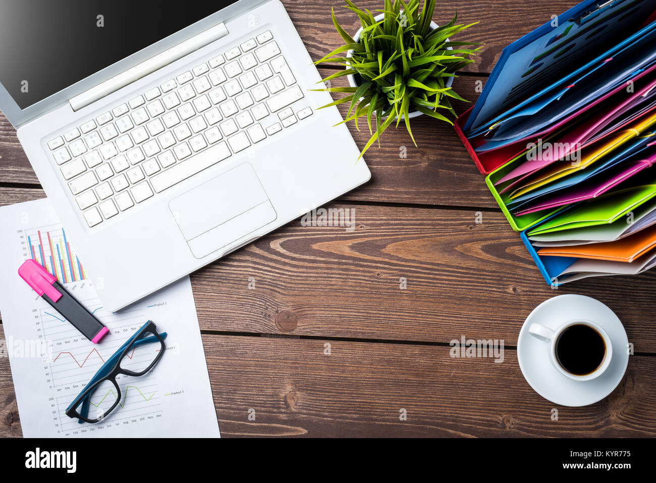 Overhead shot of office desktop Stock Photo - Alamy