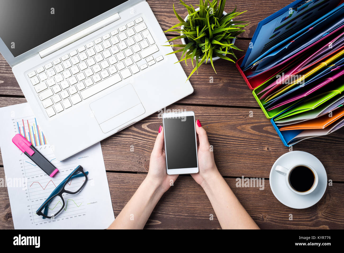 Overhead shot of office desktop Stock Photo - Alamy