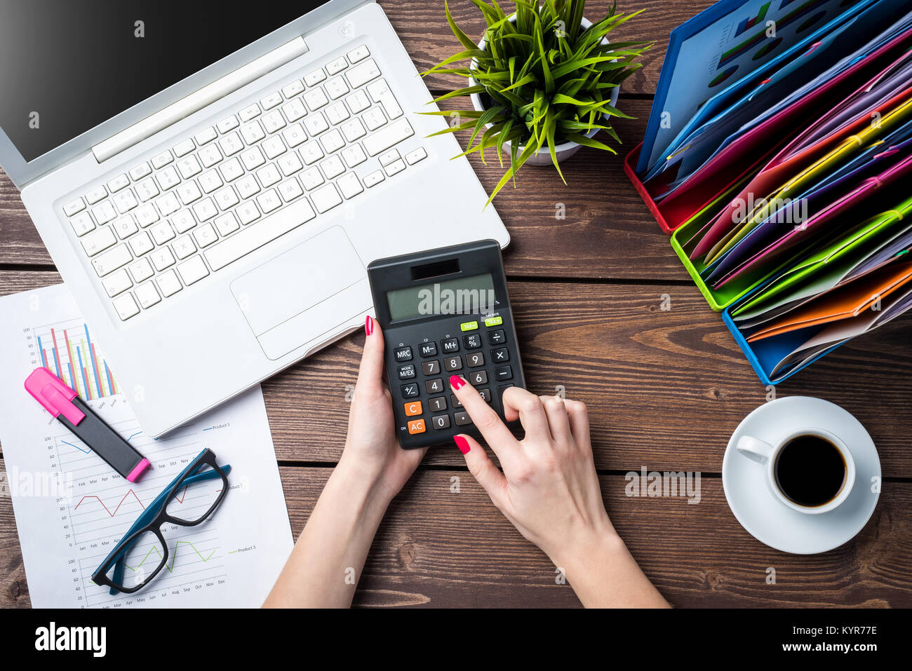 Overhead shot of office desktop Stock Photo - Alamy