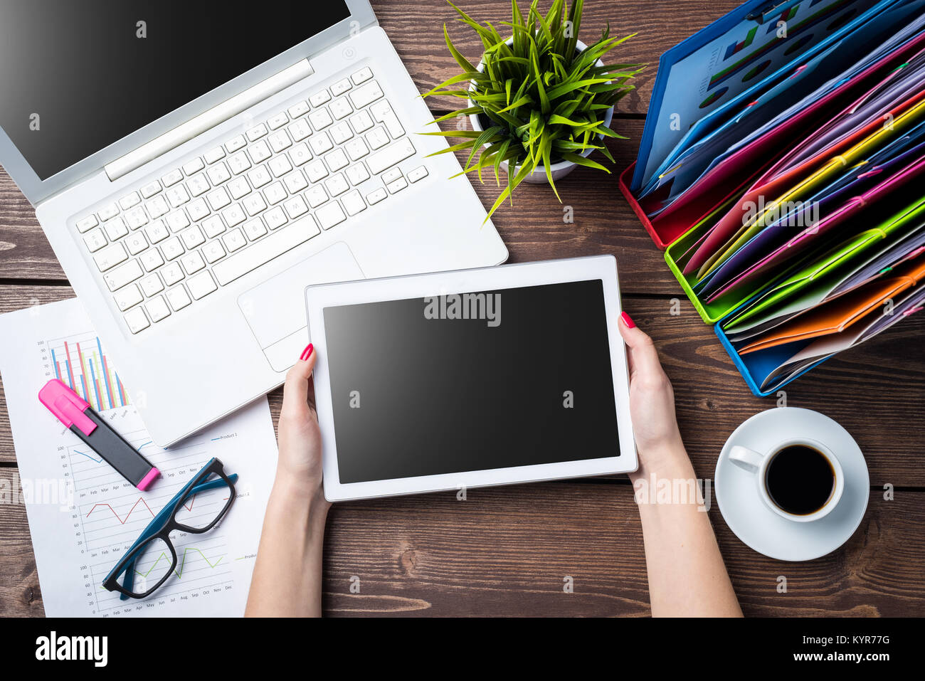 Overhead shot of office desktop Stock Photo - Alamy