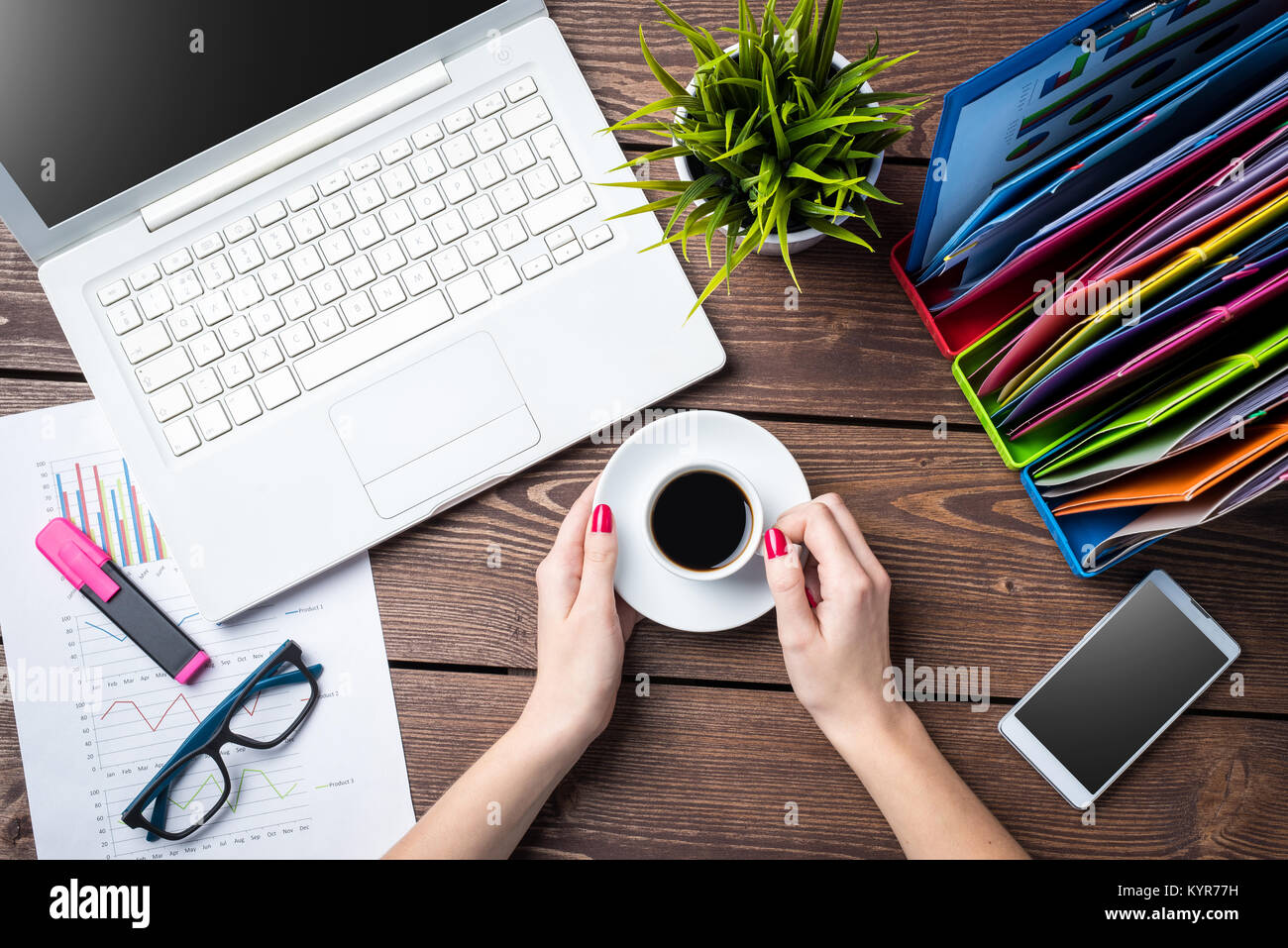 Overhead shot of office desktop Stock Photo - Alamy