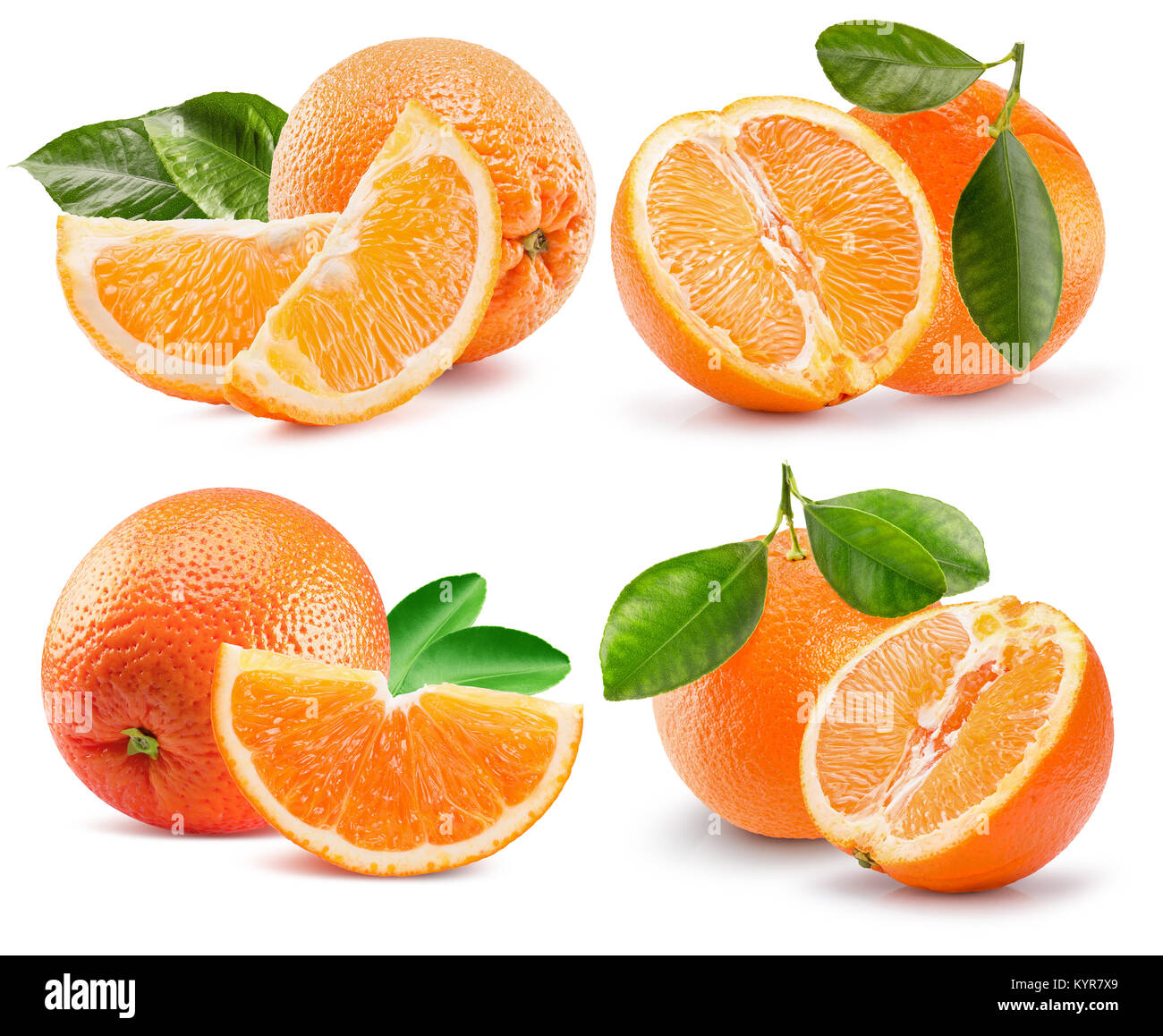 collection of oranges with slices isolated on a white background Stock ...
