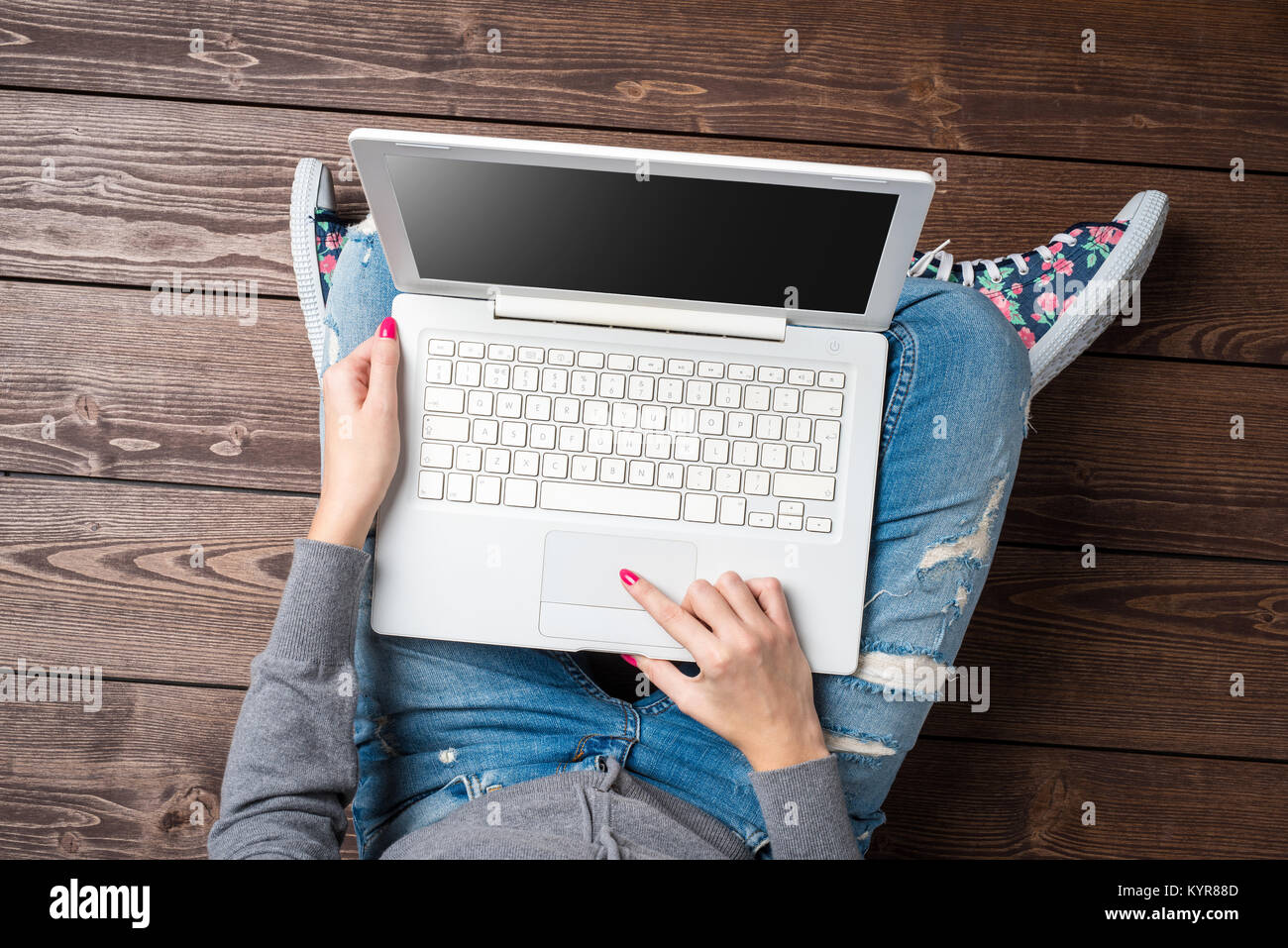 Overhead shot of woman using modern white computer Stock Photo - Alamy