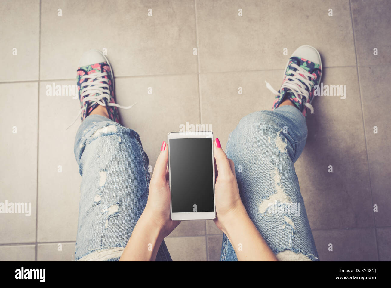 Woman using smart phone. Top view Stock Photo - Alamy