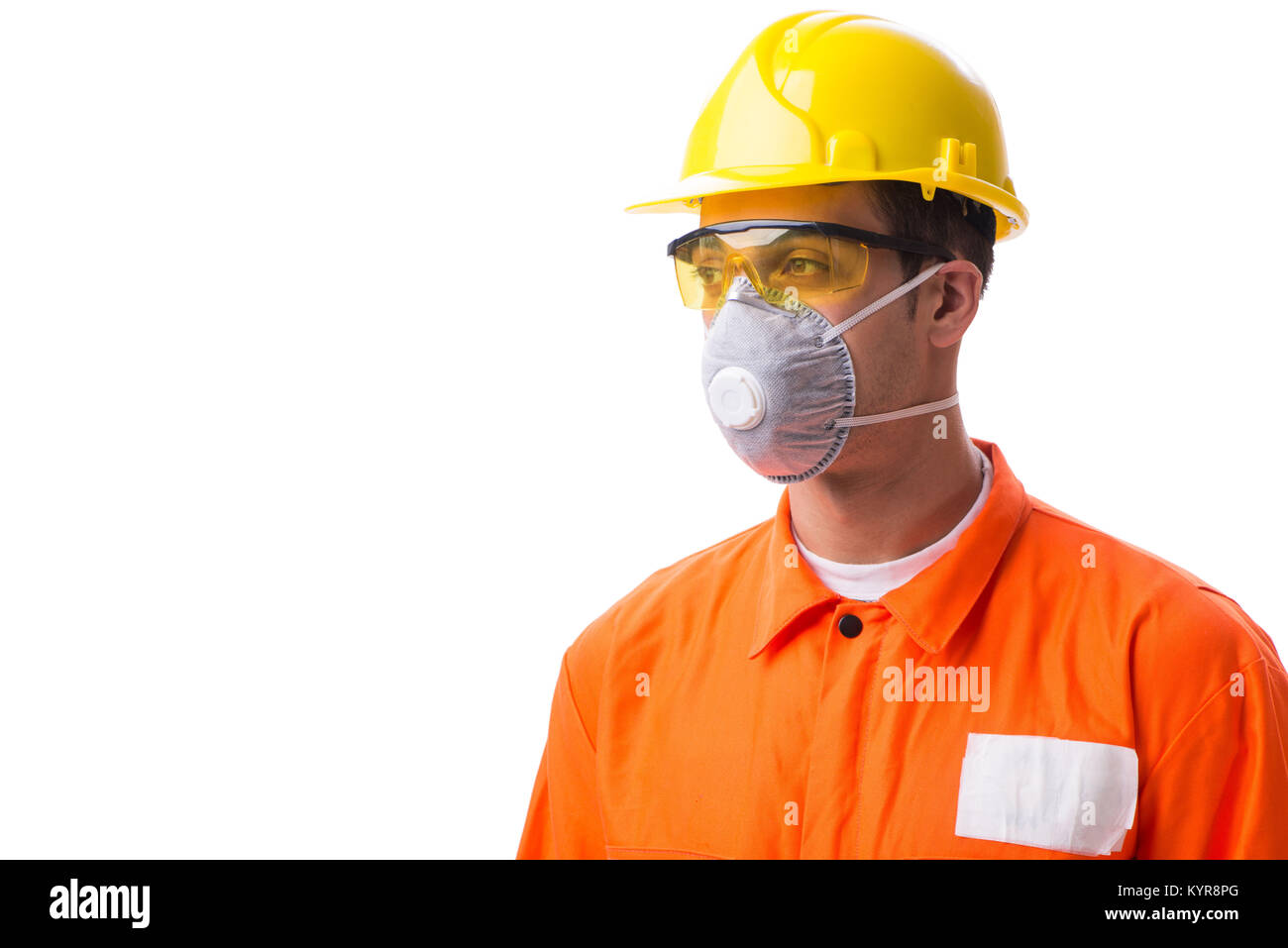 Construction worker with protective mask isolated on white Stock Photo ...